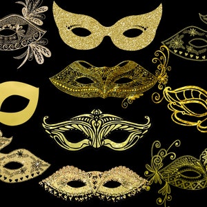 Gold Sparkle Masquerade Masks, Metallic Mask Clipart Pack, Masquerade ...