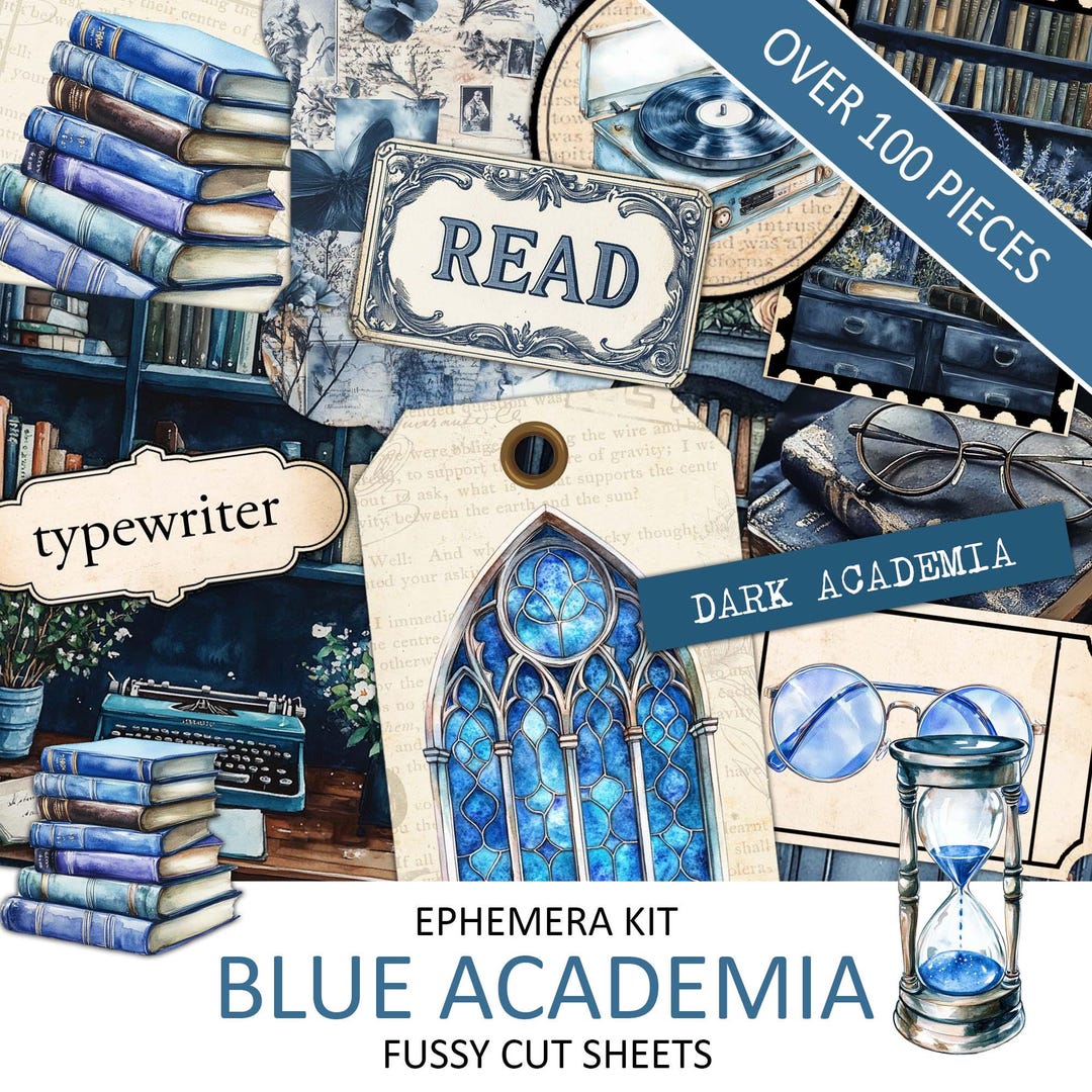 Blue Academia Ephemera Kit: Vintage Watercolor Collage, Junk Journal ...