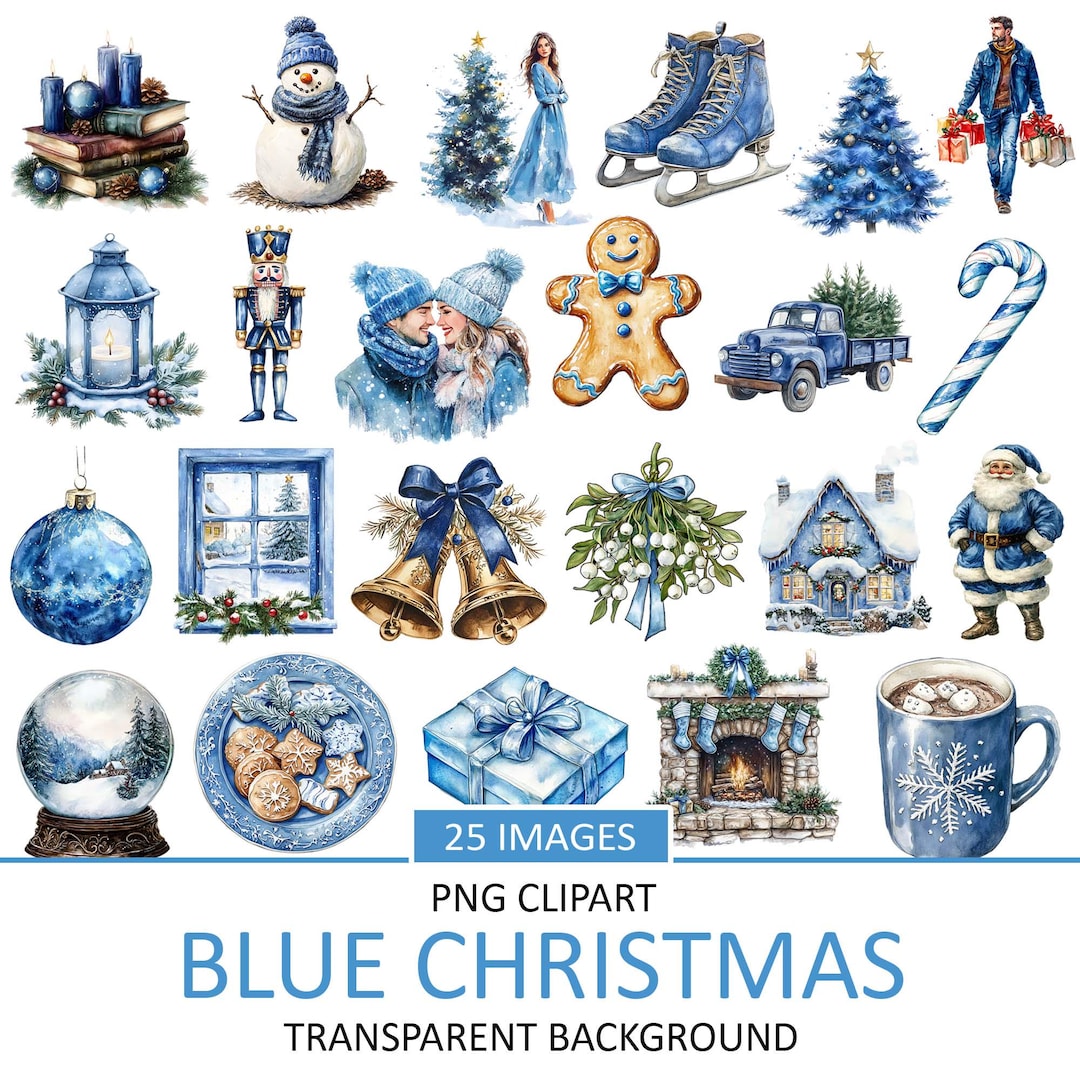 Watercolor Blue Christmas Clipart, Winter Season Clip Art, Illustration ...