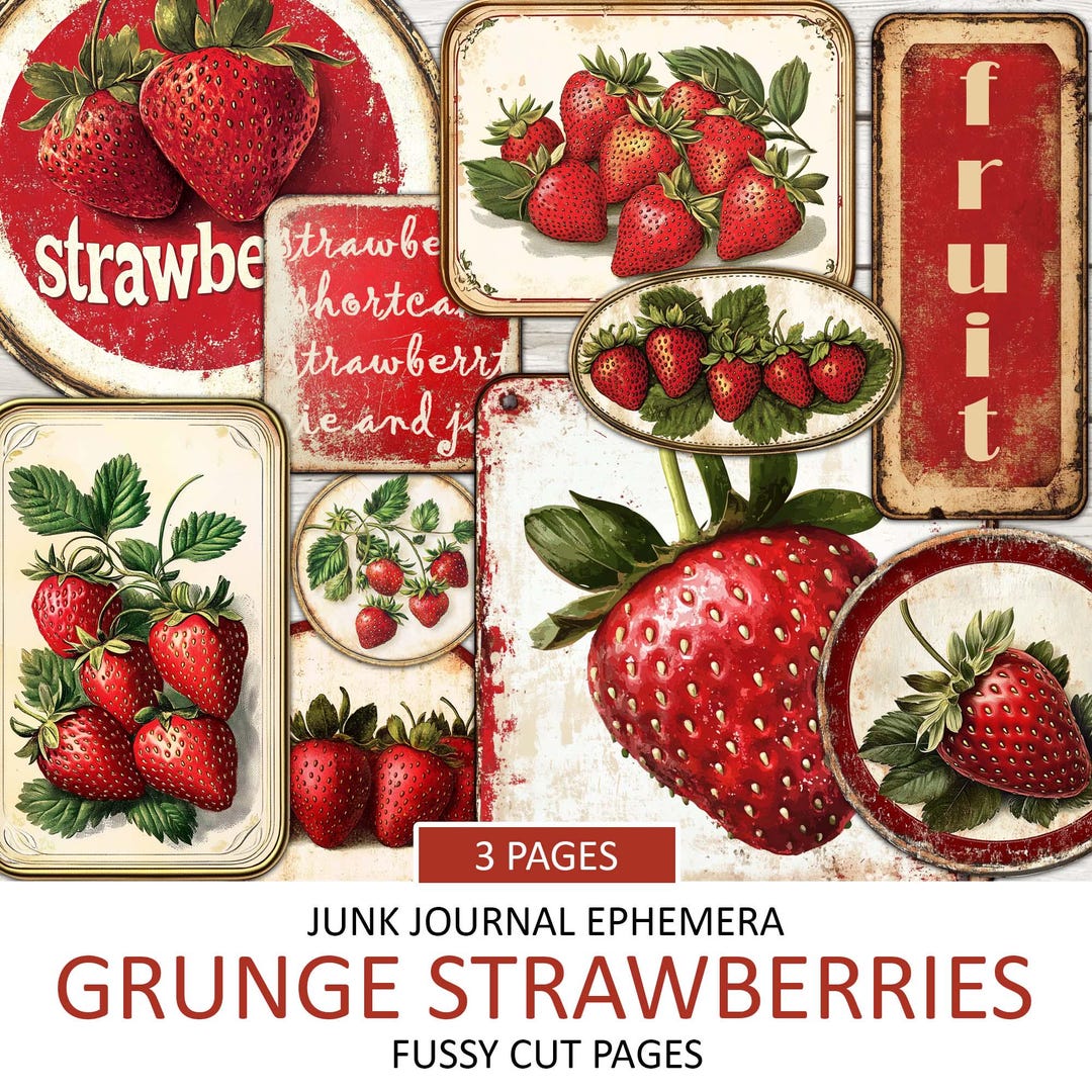 Vintage Strawberry Labels Ephemera Kit: Printable Junk Journal Scraps ...