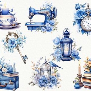 Watercolor Vintage Blue Clipart, Antique Object, Sticker and Planner ...