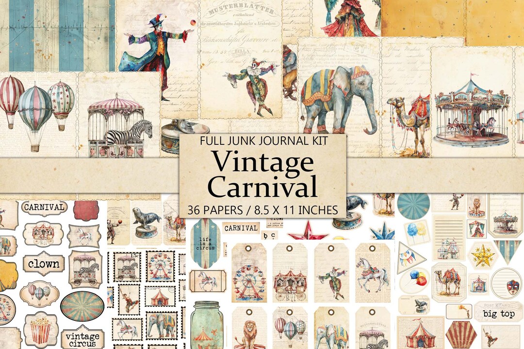 Vintage Carnival, Antique Circus Junk Journal Kit, Pages and Ephemera ...