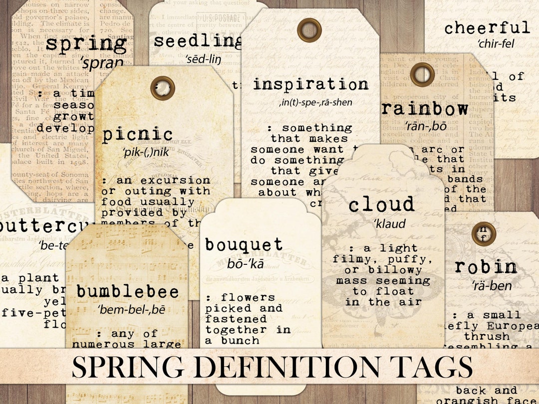 Spring Dictionary Word Tags, Printable Junk Journal Ephemera, Grunge ...