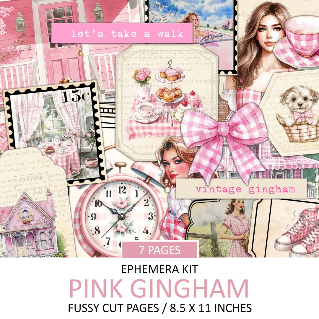 Pink Gingham Ephemera Kit, Vintage Style Gingham Pattern, Cute Pink ...
