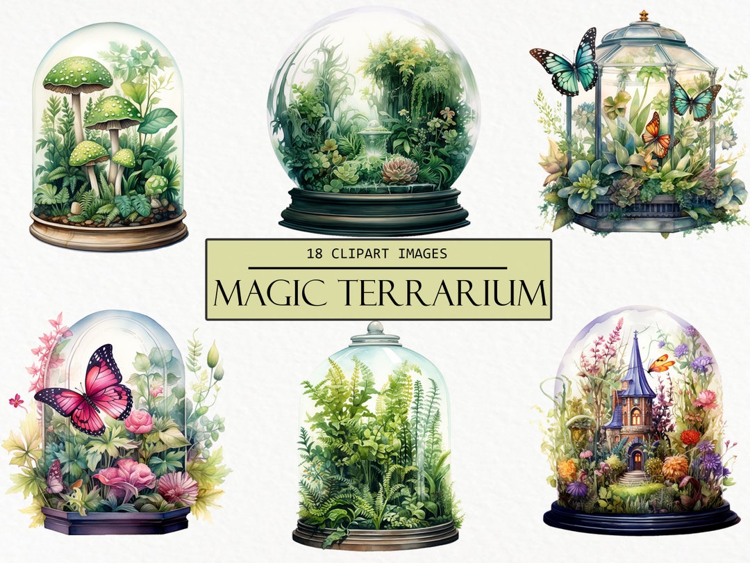 Watercolor Magical Terrarium Clipart, Plant and Mushroom Cloche Images ...