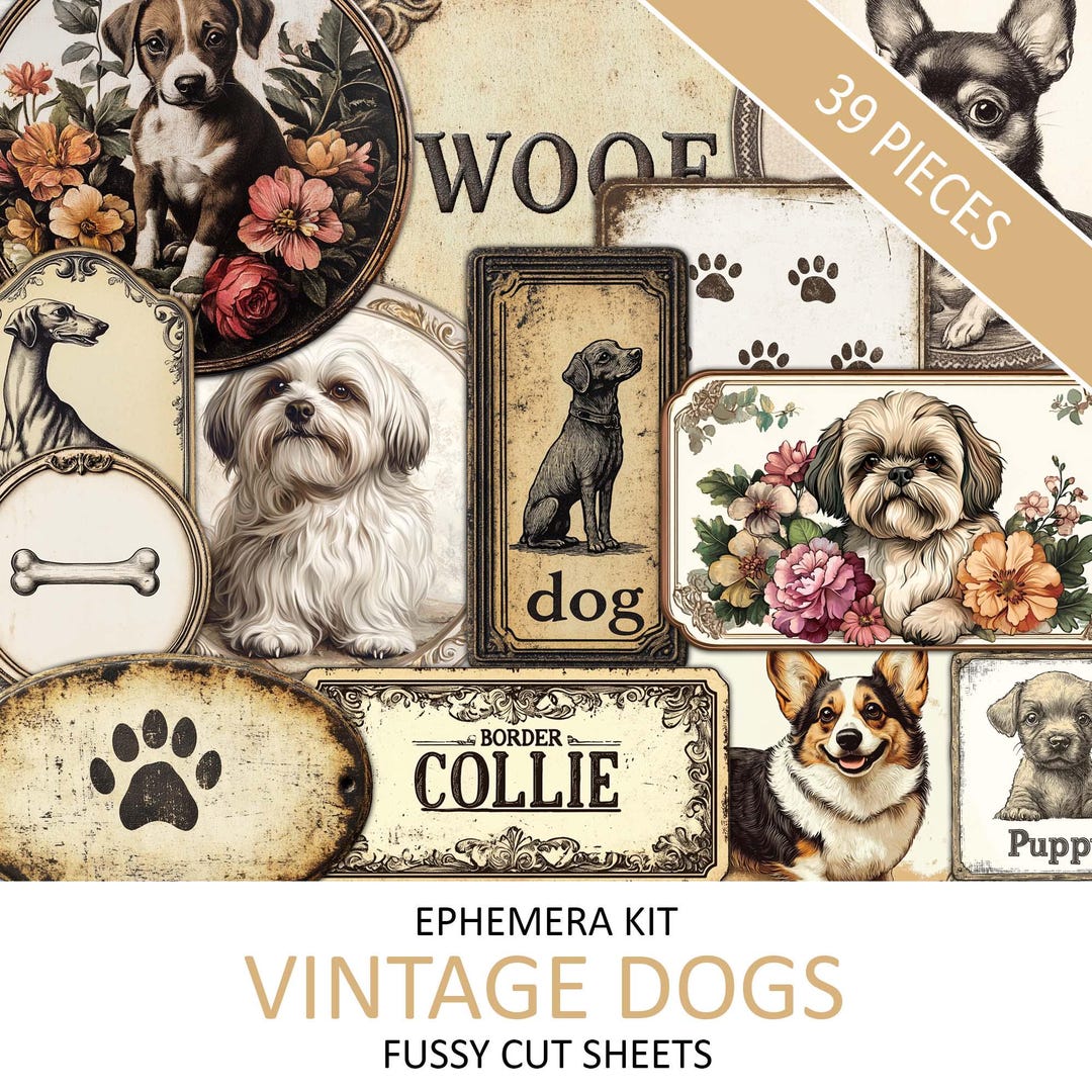 Antique Dogs Labels Ephemera Kit, Printable Pet Journal Scraps, Fussy ...