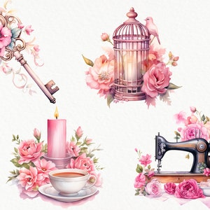 Watercolor Vintage Pink Clipart, Antique Object, Sticker and Planner ...