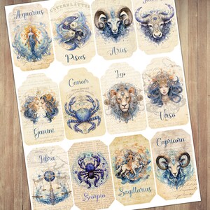 Vintage Blue Astrology Tags, Printable Ephemera, Watercolor Zodiac Sign ...