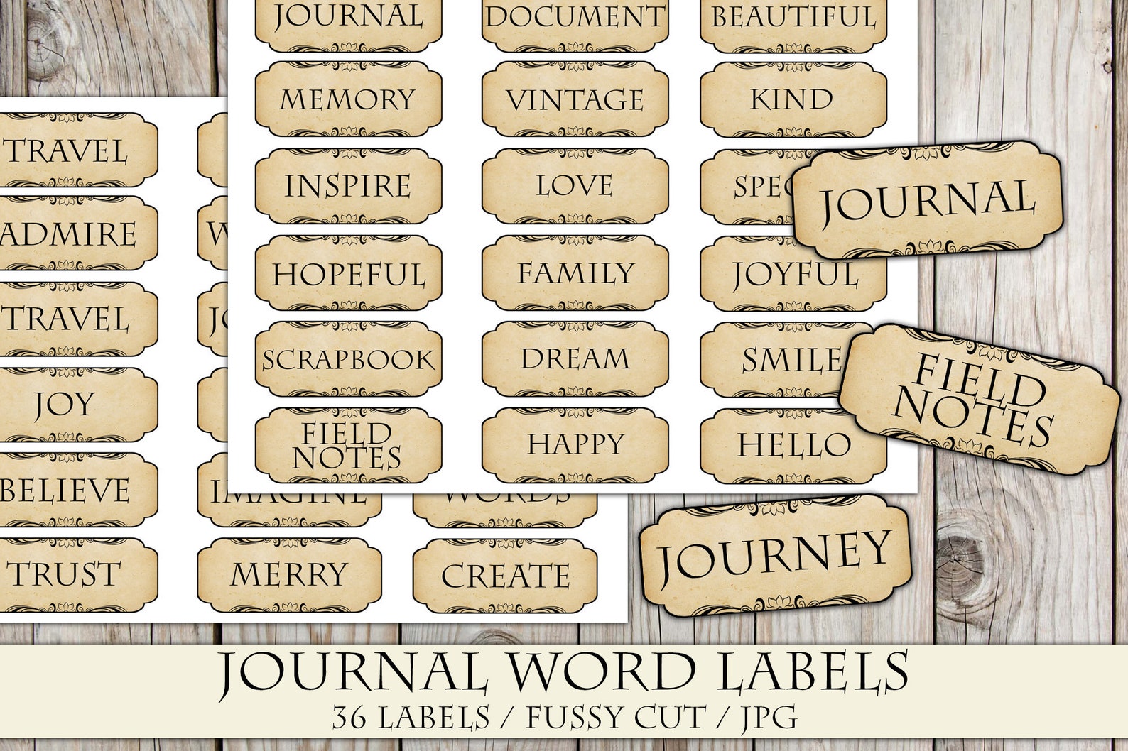 Printable Vintage Journal Word Labels: Scrapbook Ephemera (digital ...