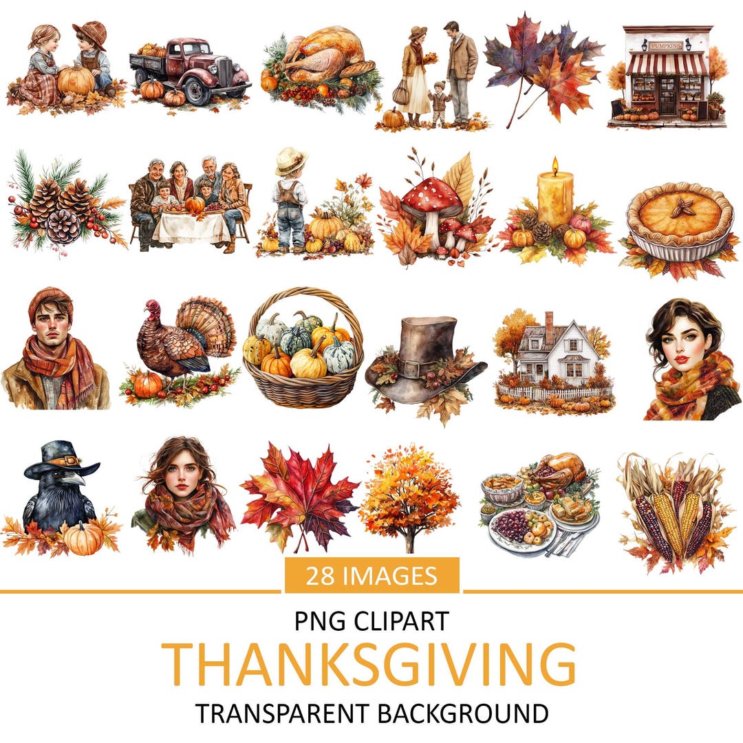 Watercolor Traditional Thanksgiving Clipart, Fall Season, Holiday Clip ...