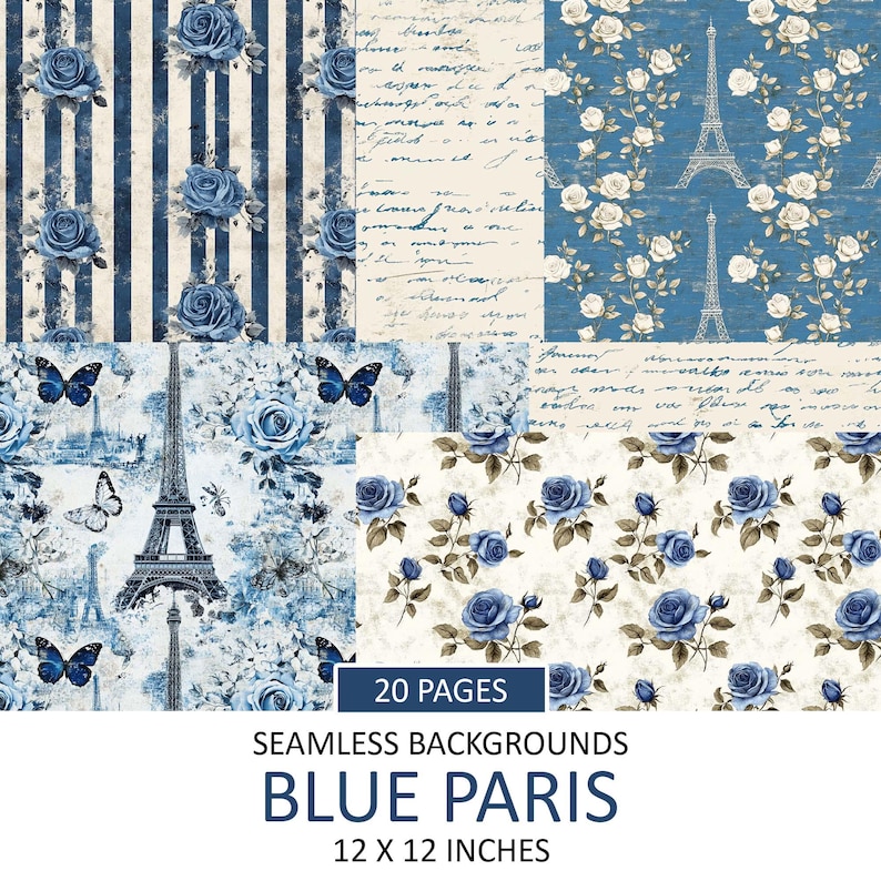 Vintage Blue Paris Digital Paper: Eiffel Tower Seamless Pattern ...