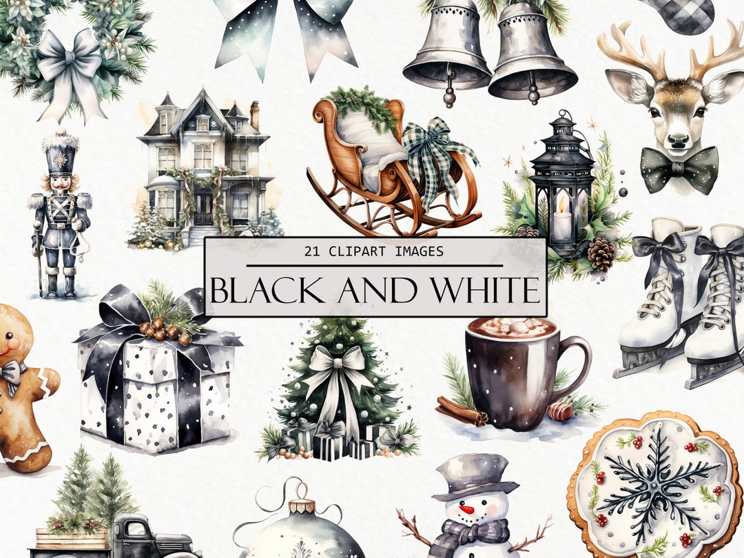 Watercolor Christmas Clipart: Black and White Winter Images (digital ...