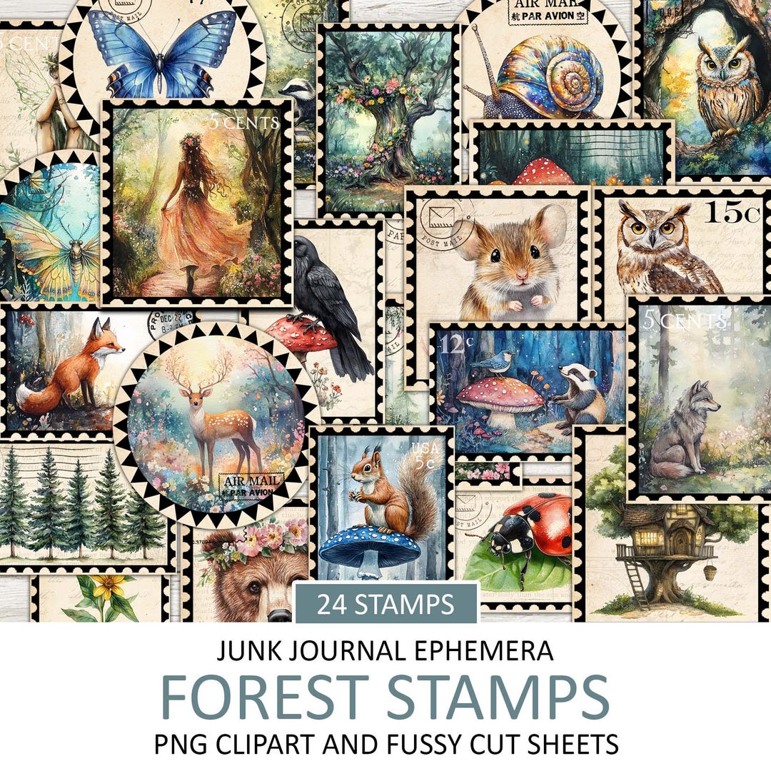 Watercolor Forest Stamps: Vintage Ephemera, Junk Journal (digital ...