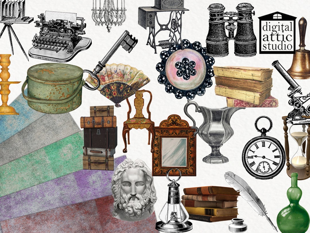 Vintage Items Clipart, Old House Digital Scrapbook Kit, Grunge Paper ...