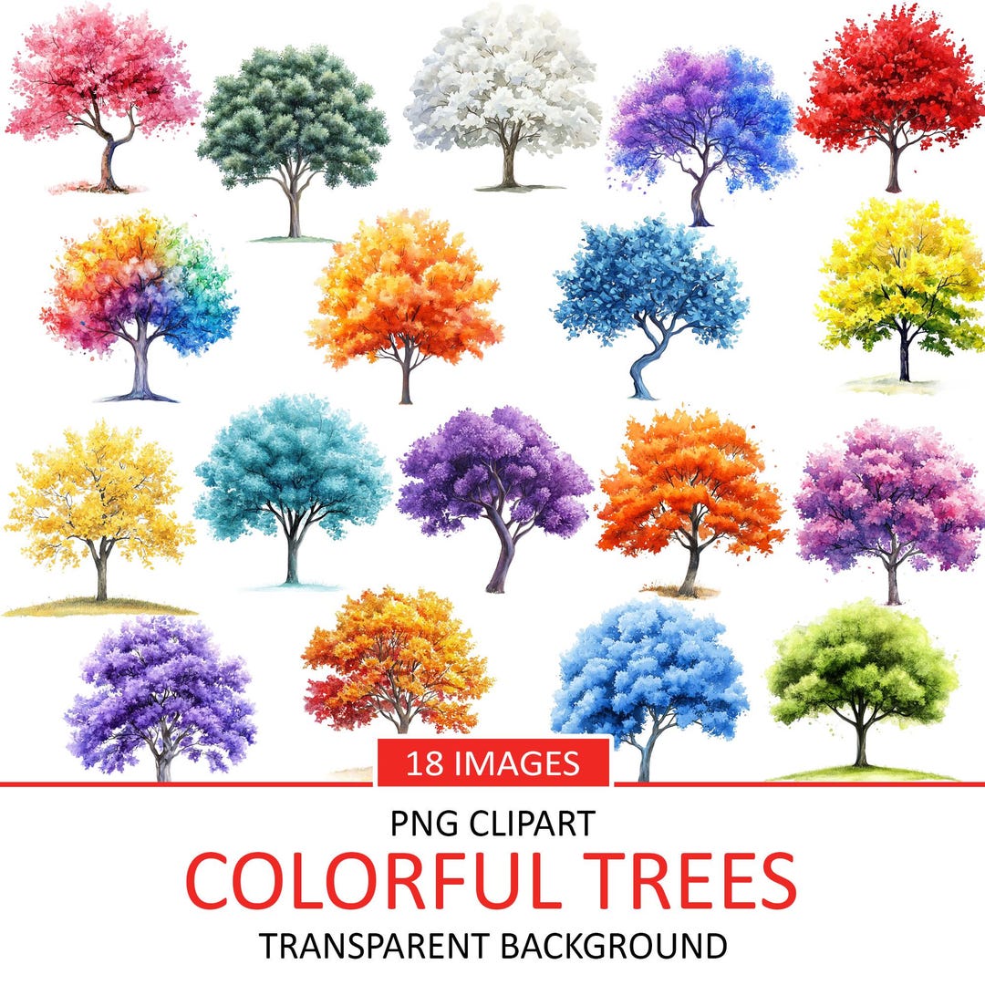 Watercolor Bright Trees Clipart, Colorful Tree Clip Art, Nature ...
