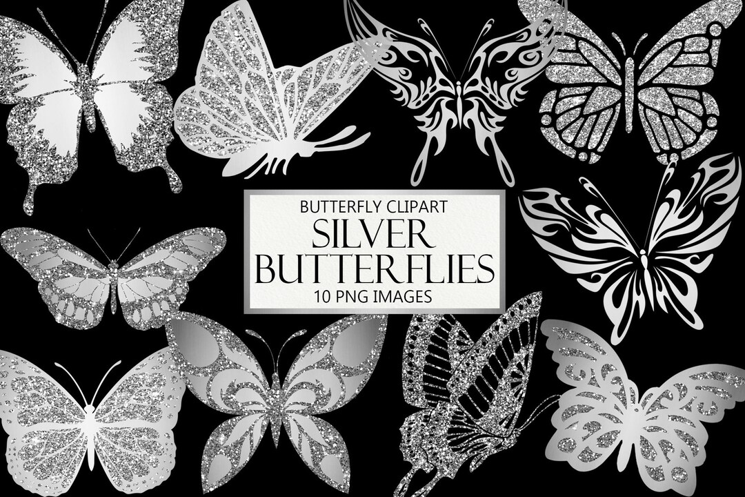 Silver Sparkle Butterfly Clipart Pack, Butterflies PNG, Metallic ...