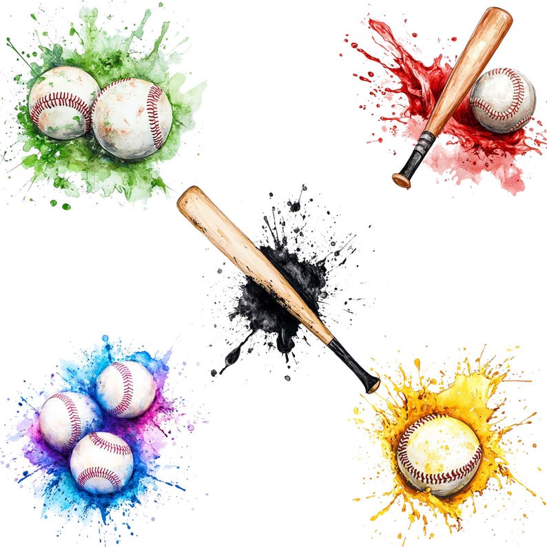Watercolor Baseball Clipart: Bold Splash PNG Images (commercial Use) - Etsy