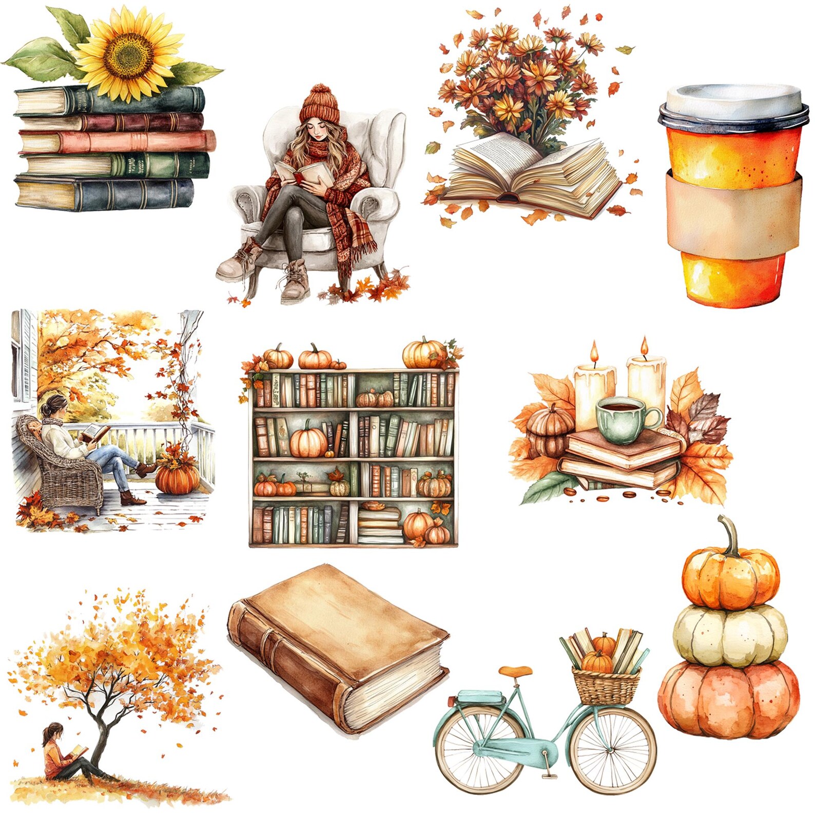 Watercolor Fall Reading Clipart: Autumn Book Lover PNG Images ...