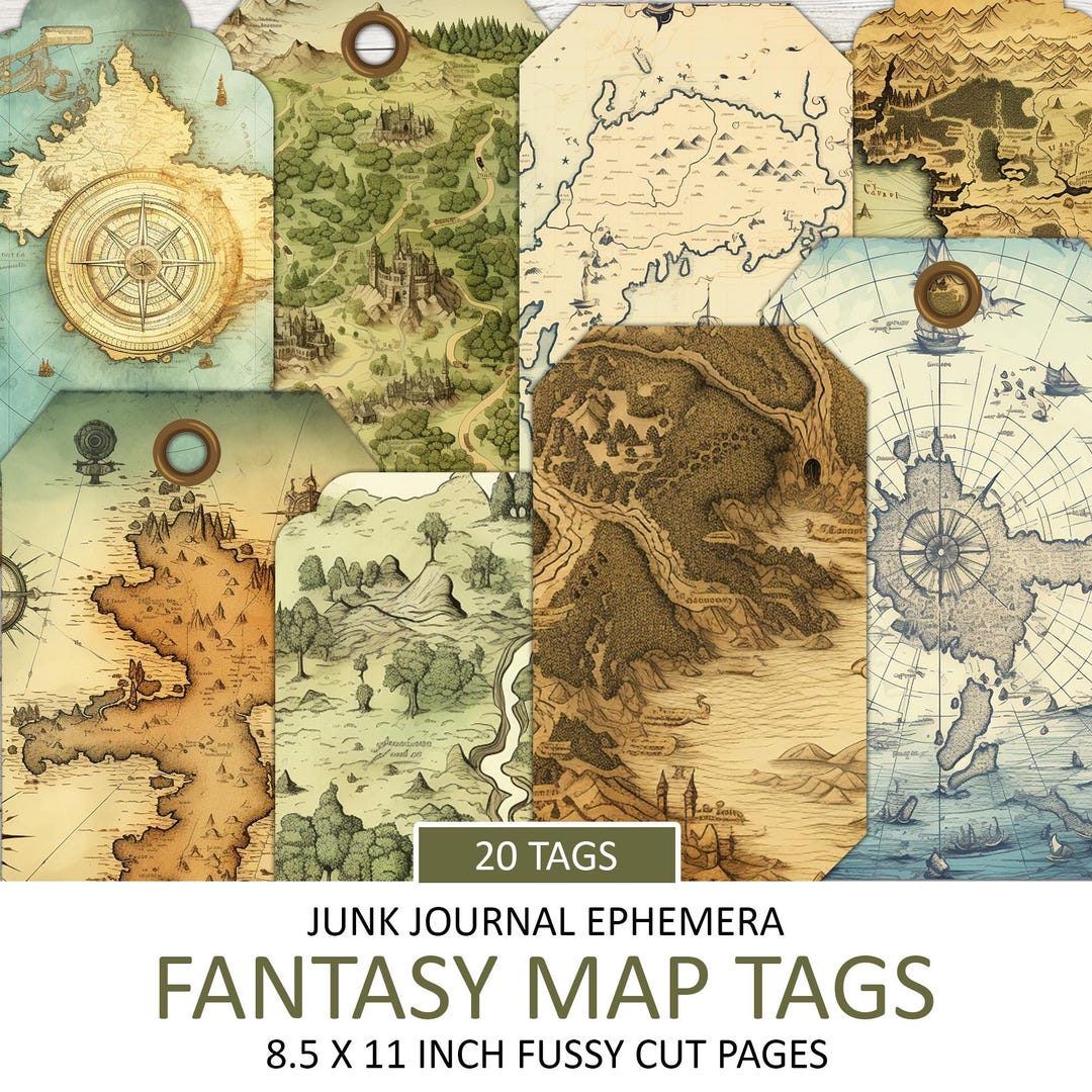 Vintage Fantasy Map Tags, Printable Ephemera, Topography, Journal Cards ...