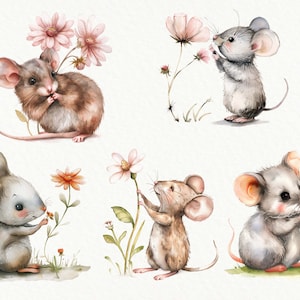 Watercolor Storybook Mice Clipart, Floral Mouse Images, Flowers and ...