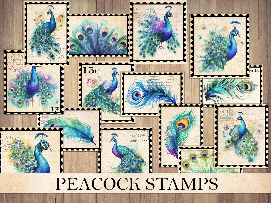 Watercolor Bold Peacock Stamps, Vintage Ephemera, Fussy Cut, Sticker ...