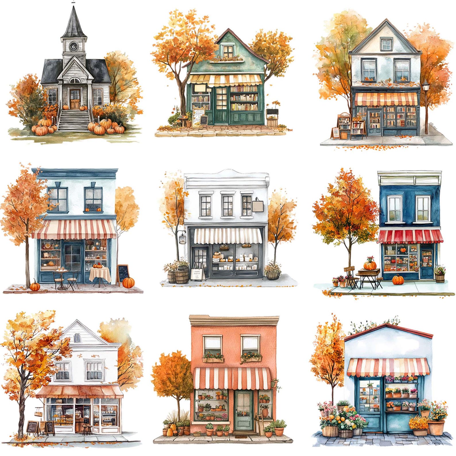 Fall Small Town Storefront Clipart: Autumn Shops PNG (digital Download ...