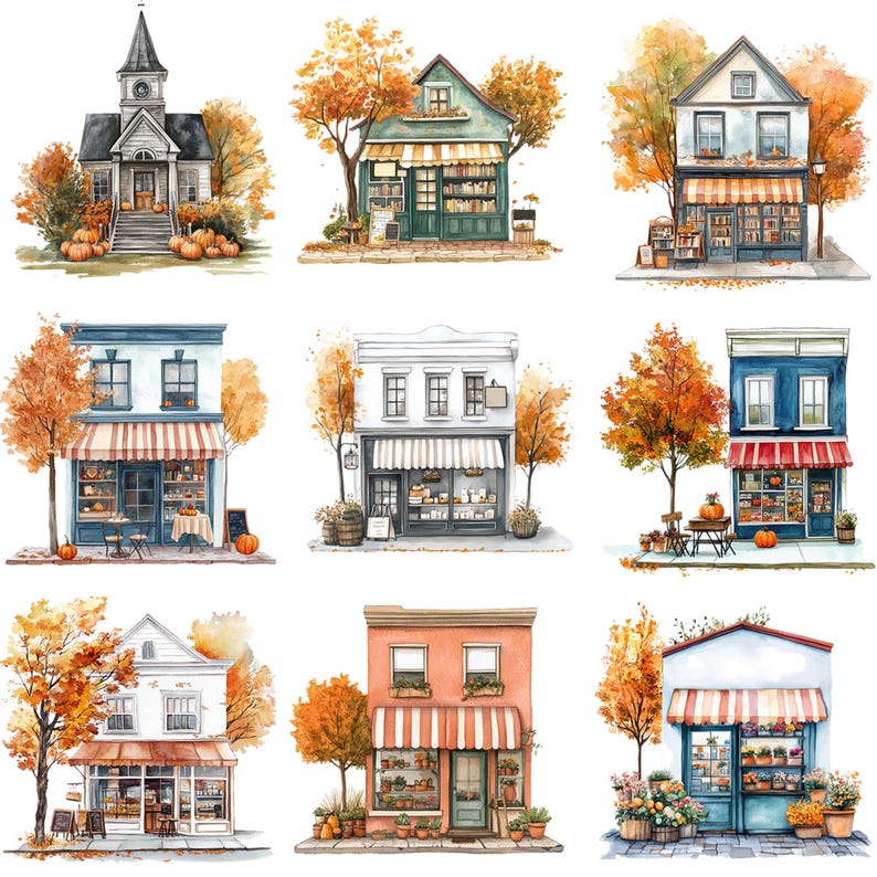 Fall Small Town Storefront Clipart: Autumn Shops PNG (digital Download ...