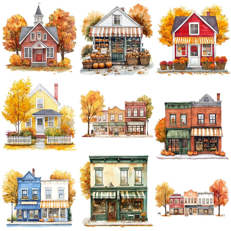 Fall Small Town Storefront Clipart: Autumn Shops PNG (digital Download ...