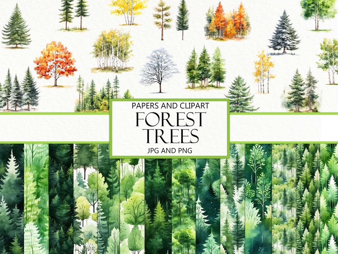 Watercolor Forest Trees Scrapbook Kit, Junk Journal, Nature Ephemera ...