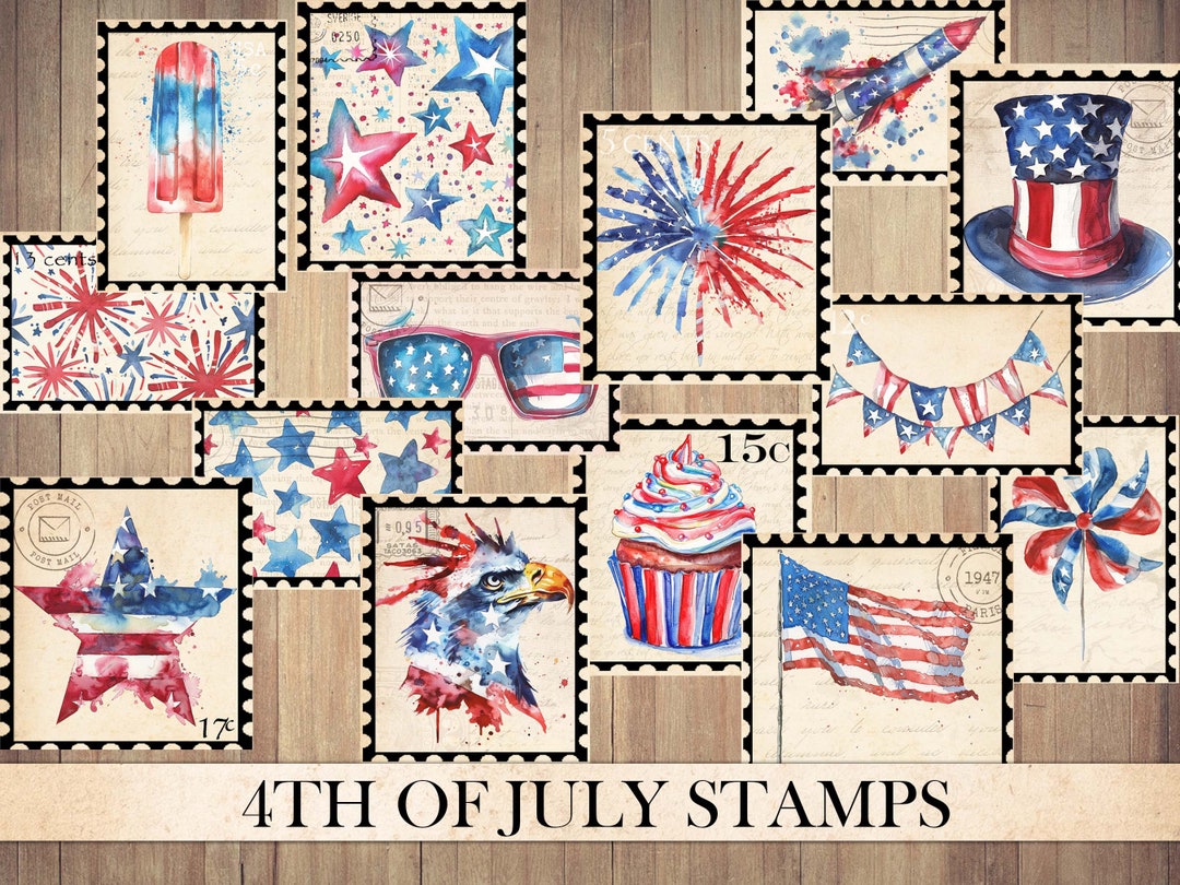 Watercolor 4th of July Stamps, Vintage Ephemera, Fussy Cut, Sticker ...