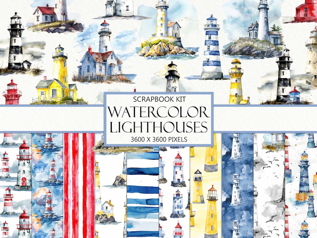 Watercolor Lighthouses Scrapbook Kit: Oceanside Ephemera (digital ...