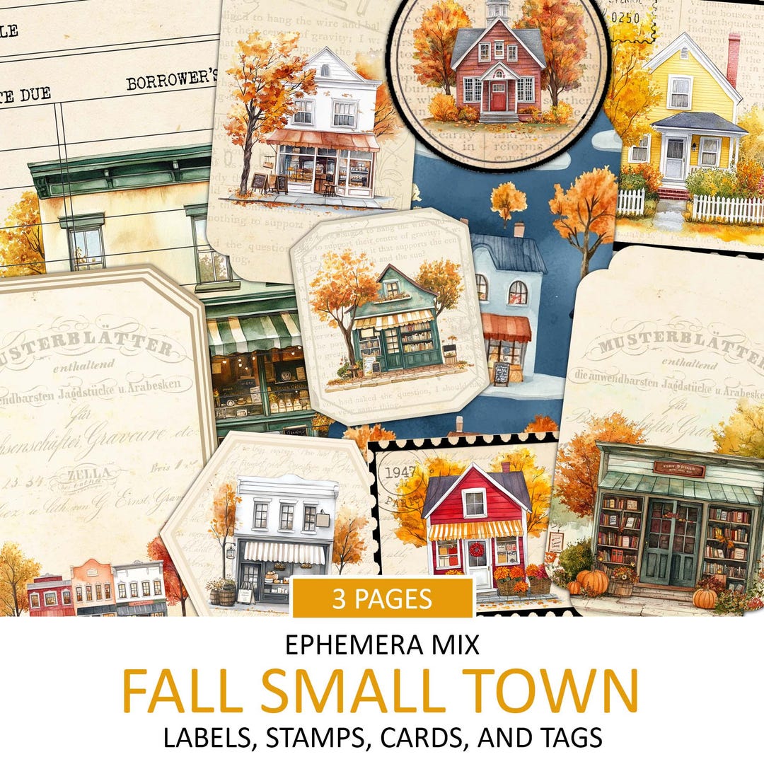 Vintage Autumn Town Ephemera: Printable Fall Tags & Labels (digital ...