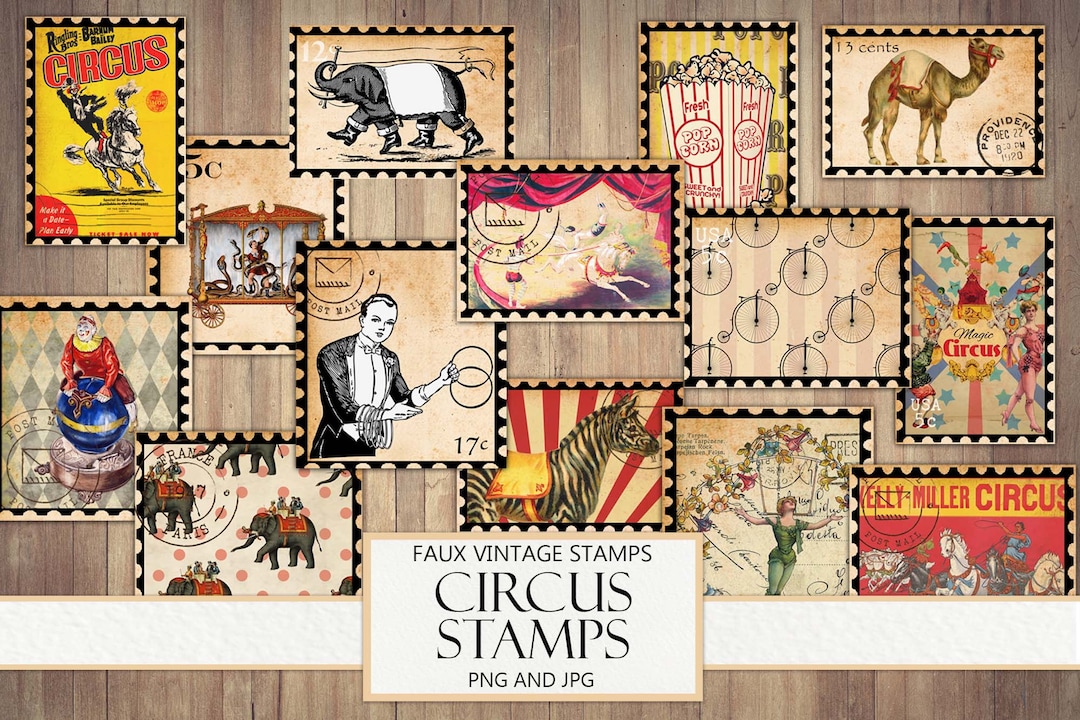 Printable Vintage Circus Stamps, Ephemera, Fussy Cut, Sticker Sheet ...