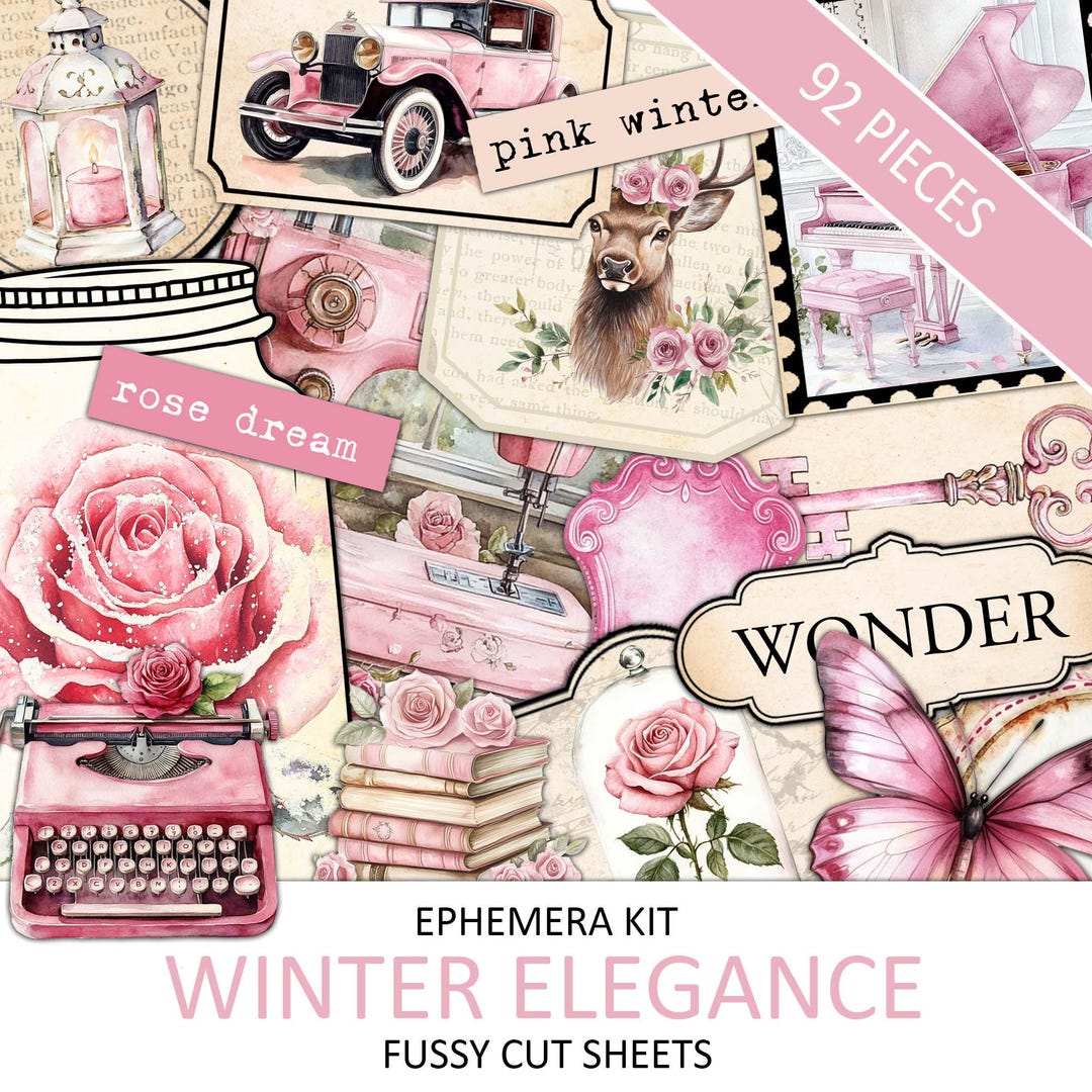 Vintage Winter Ephemera Kit: Pink Watercolor Collage Supplies (digital ...