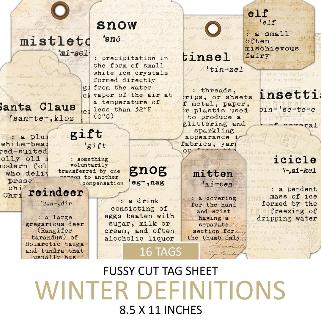 Winter Dictionary Word Tags, Printable Junk Journal Ephemera, Christmas ...