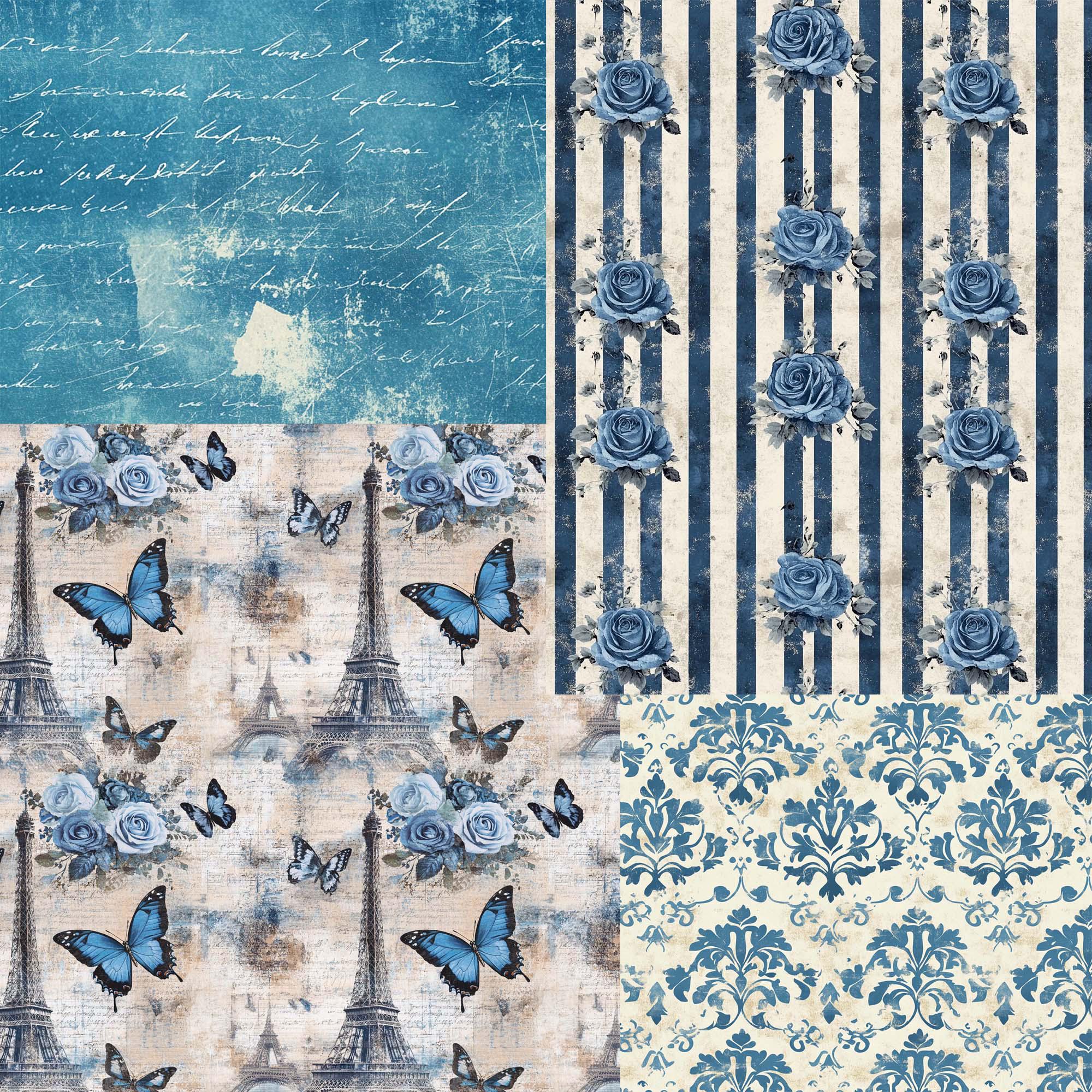 Vintage Blue Paris Digital Paper: Eiffel Tower Seamless Pattern ...