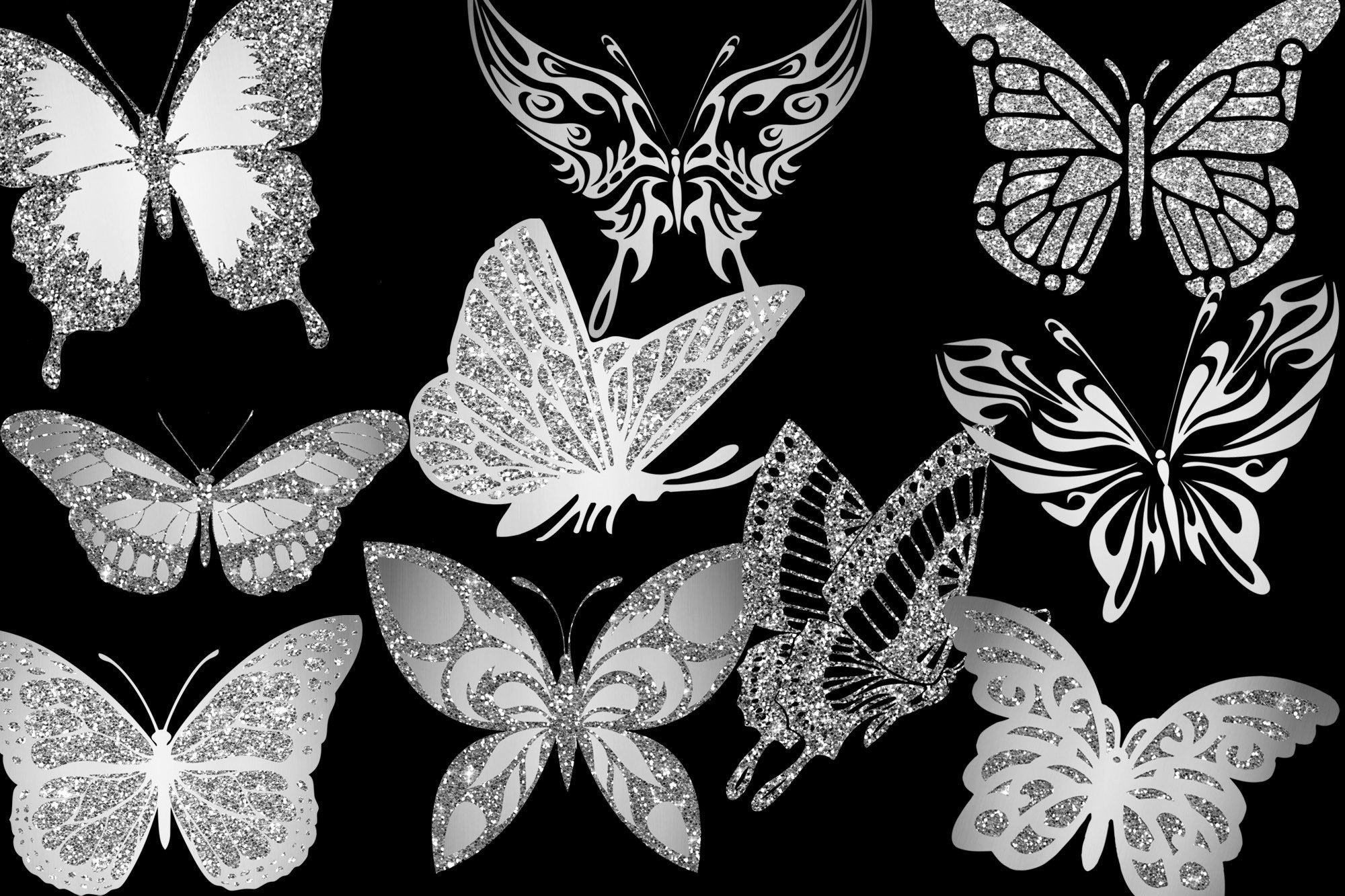 Silver Sparkle Butterfly Clipart: Metallic PNG Images (digital Download ...