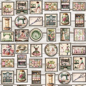 Vintage Shabby Chic Sewing Stamps, Antique Ephemera, Fussy Cut, Sticker ...