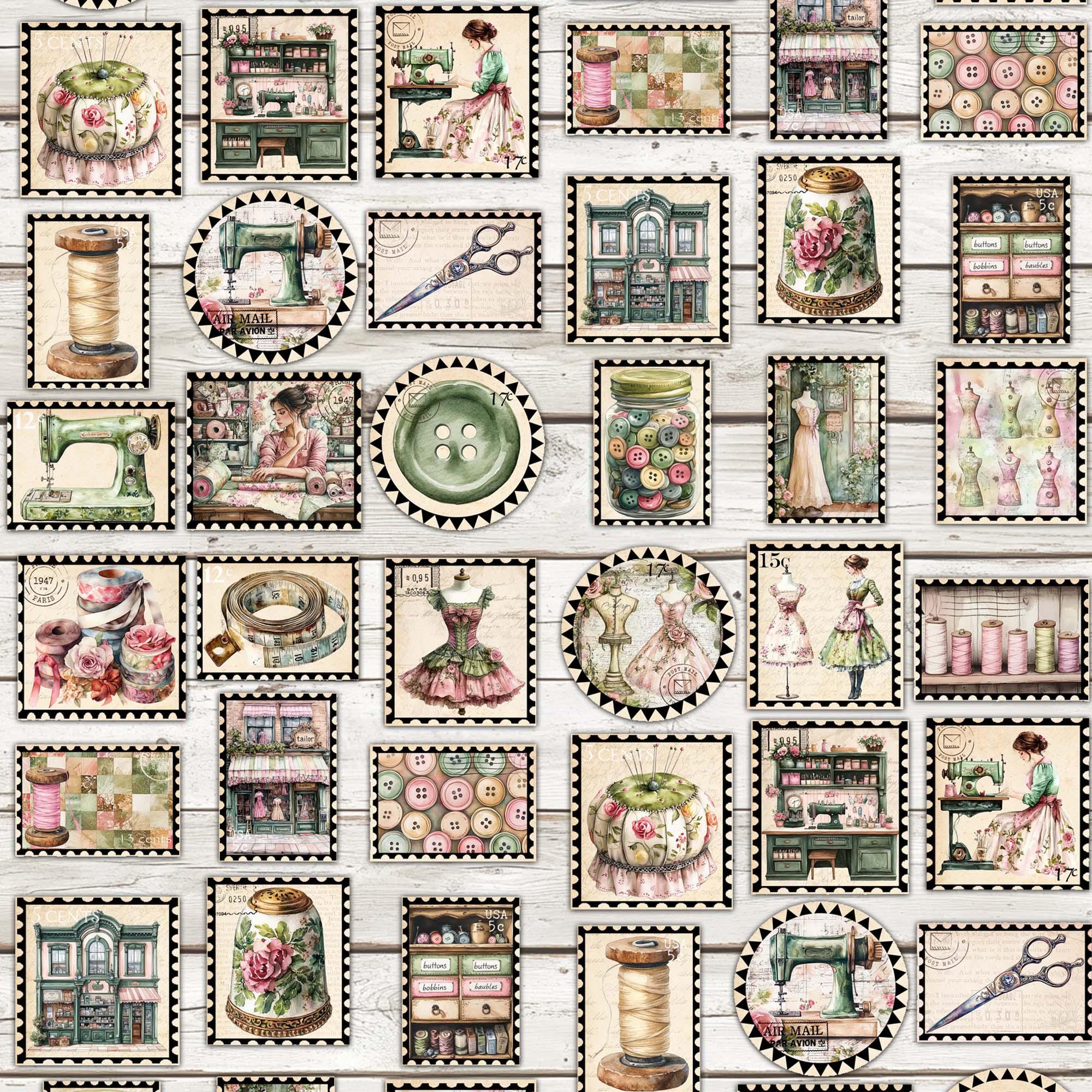 Vintage Shabby Chic Sewing Stamps: Junk Journal Ephemera (digital ...