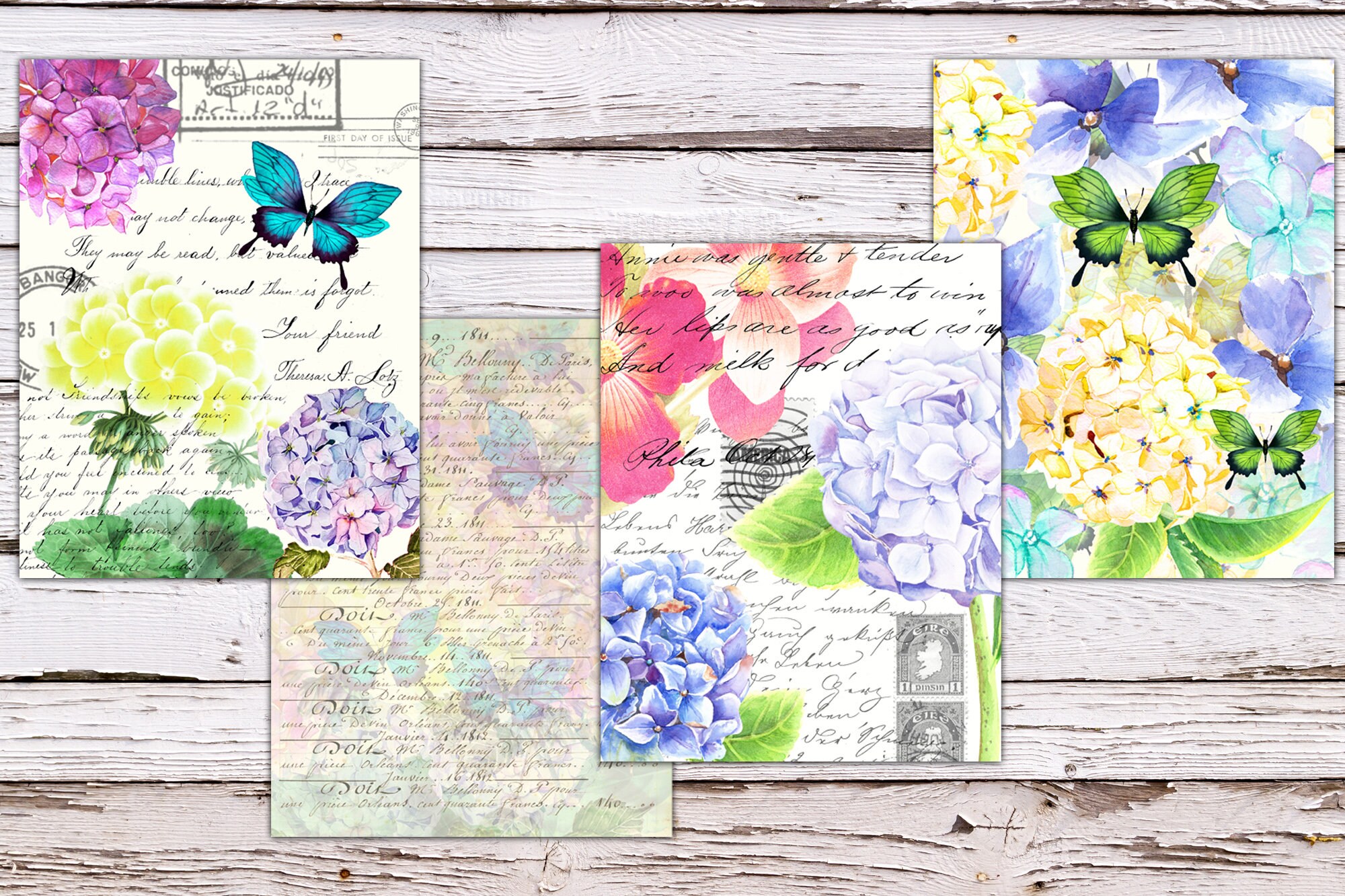Printable Floral Collage Pages Hydrangeas Flowers and | Etsy