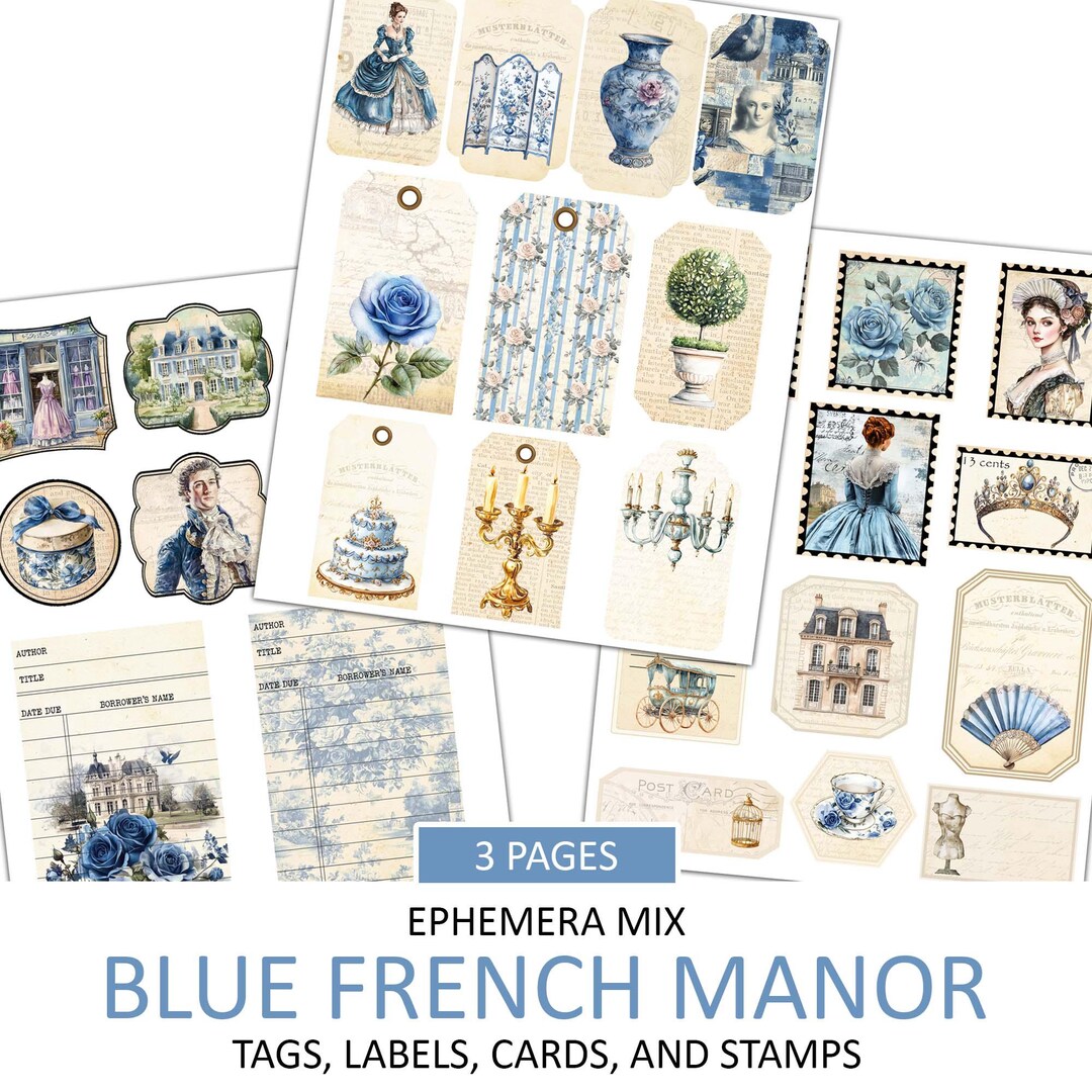 Vintage Blue French Manor, Printable Ephemera Mix, Regency Era Tags ...
