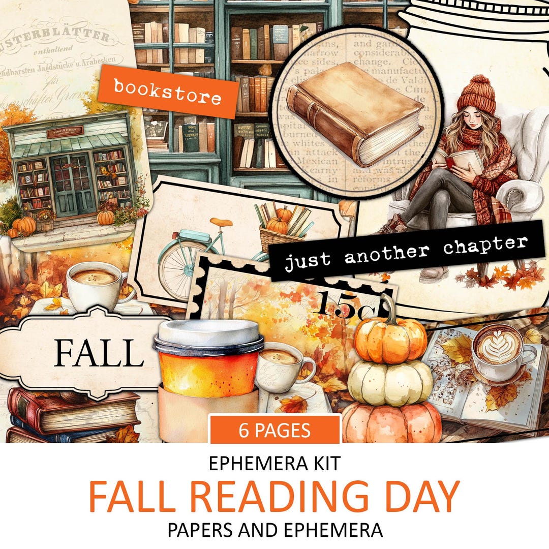 Vintage Fall Reading Day Ephemera Kit, Antique Book Lover Images ...