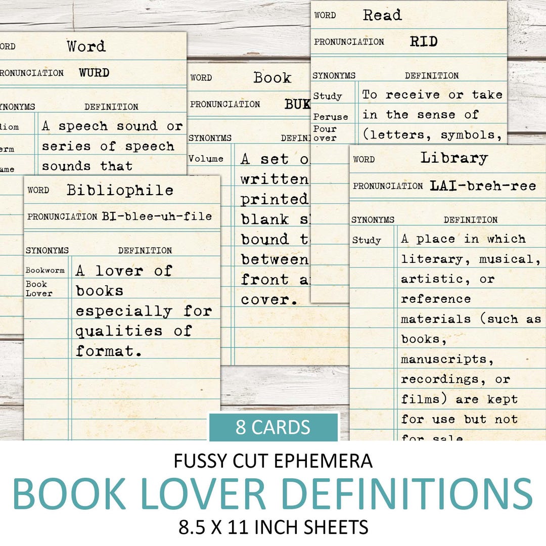 Printable Vintage Book Lover Definition Library Cards, Fussy Cut ...