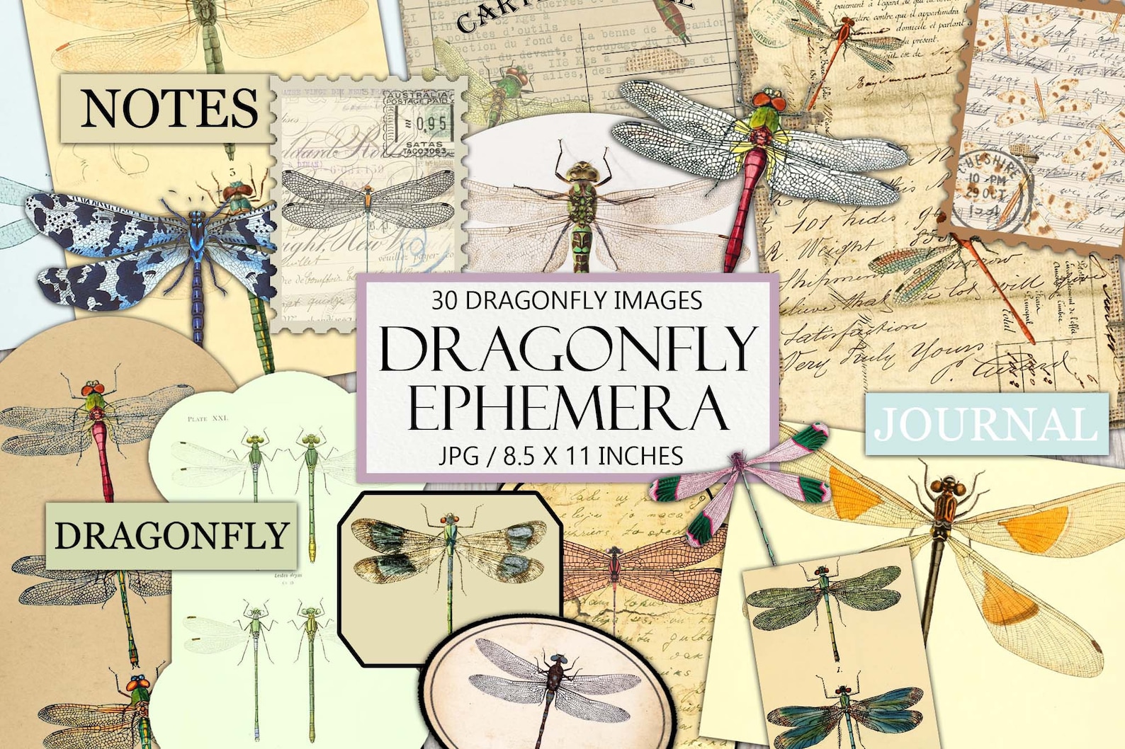 Vintage Dragonfly Ephemera Kit: Junk Journal Collage Supplies (digital ...