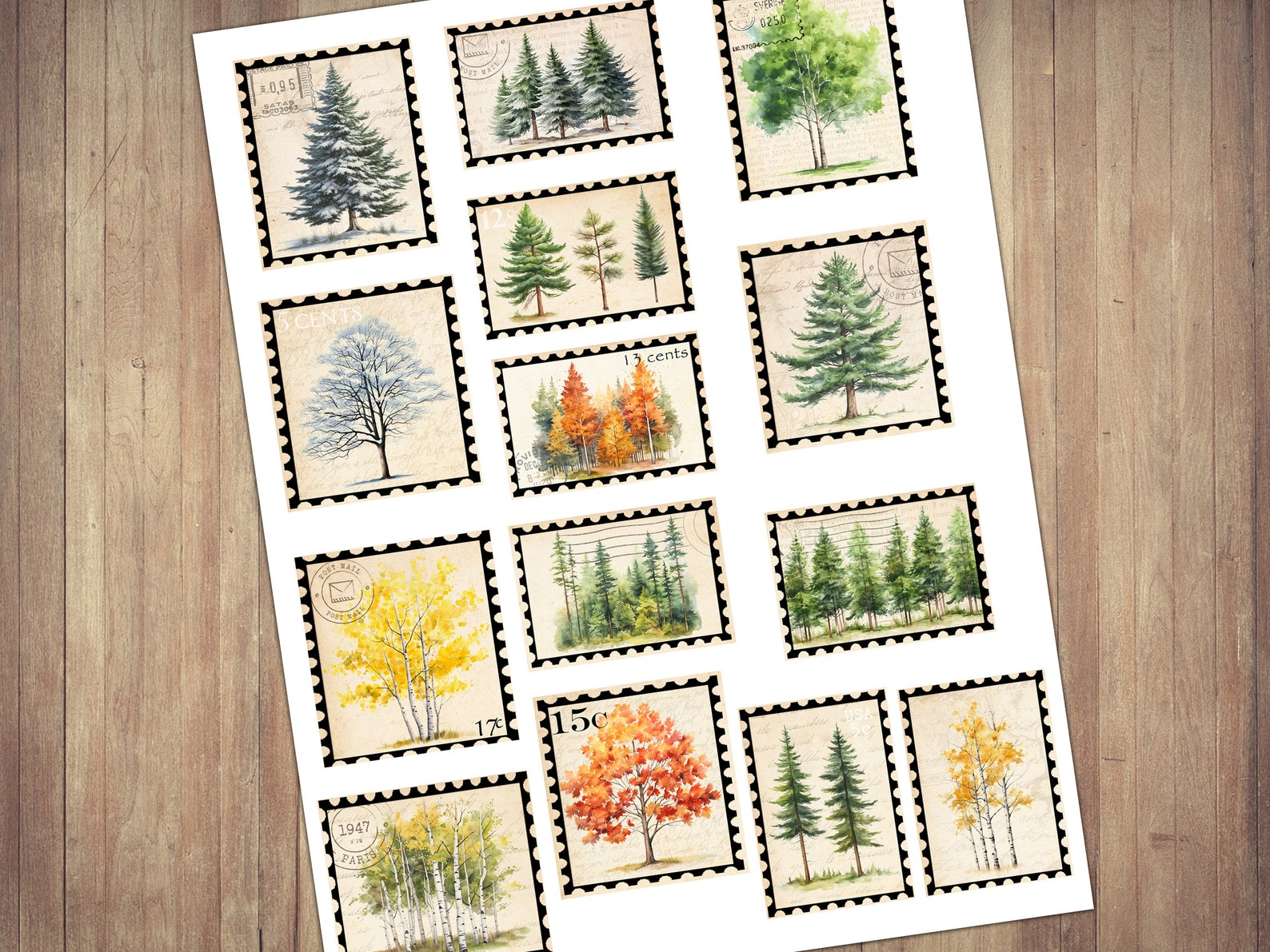 Watercolor Forest Tree Stamps: Vintage Ephemera (digital Download) - Etsy