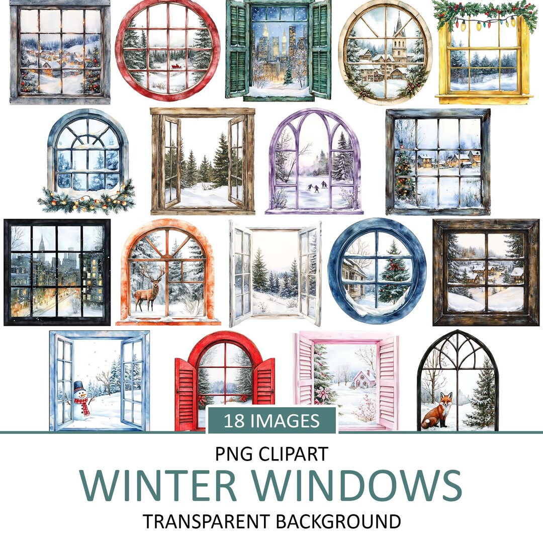 Watercolor Winter Window Clipart, Christmas View Window Frame Clip Art ...