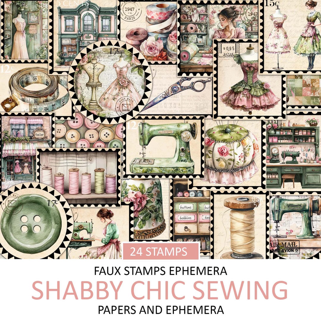 Vintage Shabby Chic Sewing Stamps: Junk Journal Ephemera (digital ...