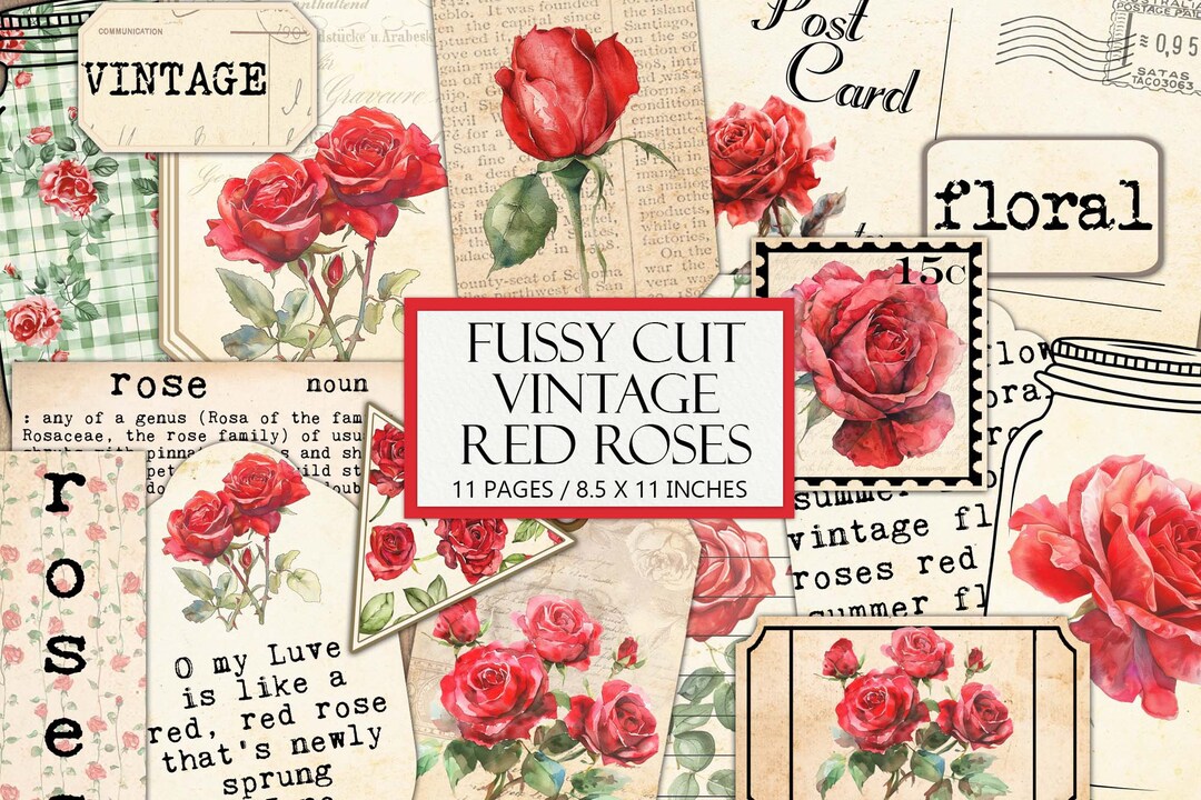 Watercolor Red Roses Ephemera Kit: Vintage Floral Collage (digital ...