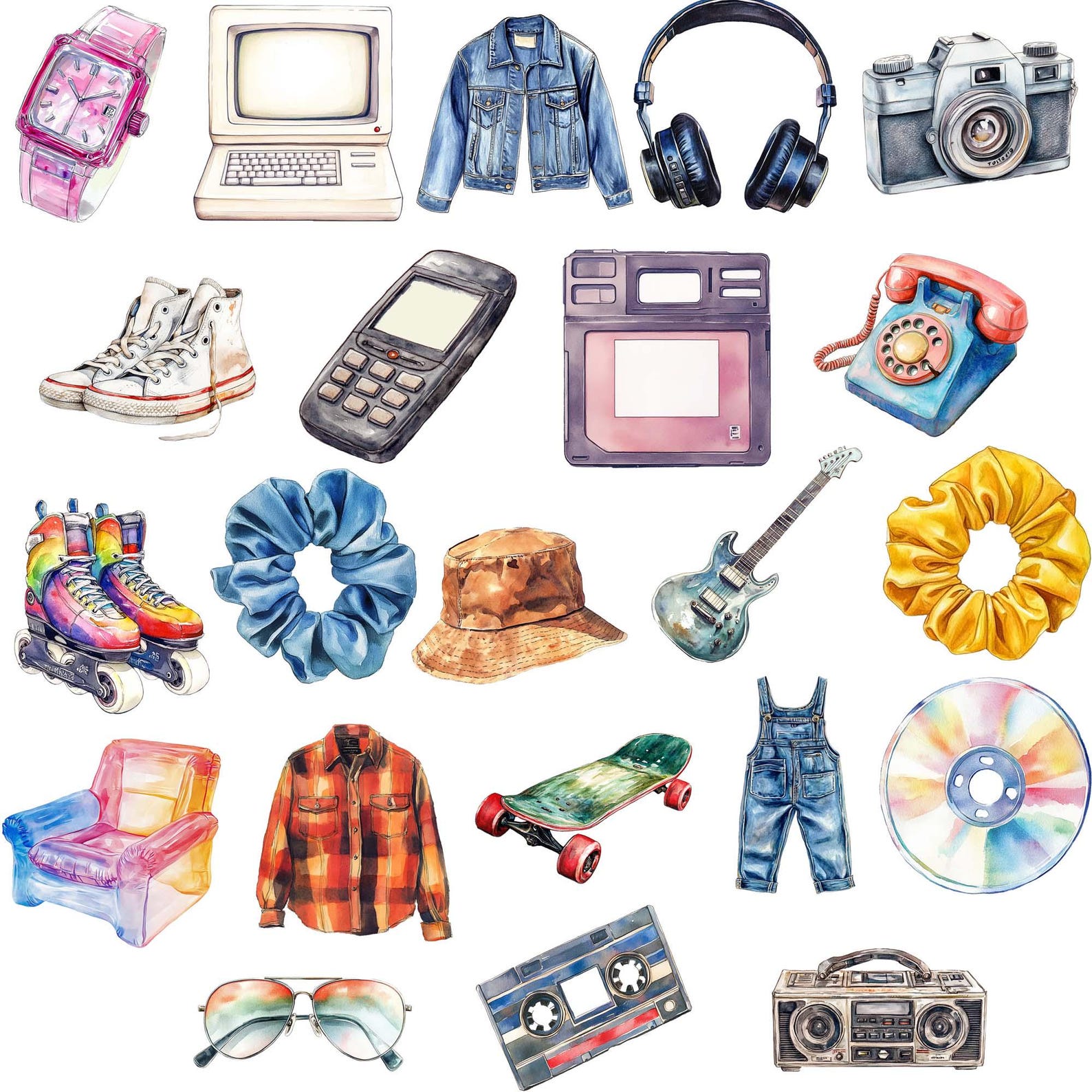 Watercolor 90s Clipart: Retro Nostalgia Graphics (digital Download ...