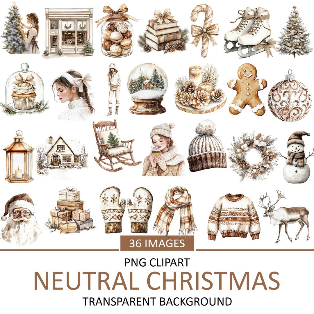 Watercolor Christmas Clip Art: Neutral Winter Holiday PNG (digital ...